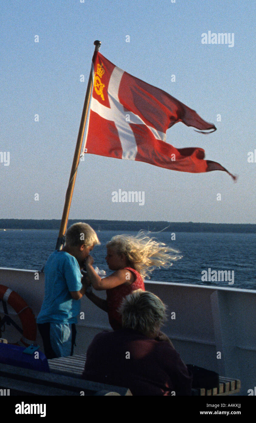 The Danish flag ensign on a ferry from the island of r to Svendborg ...