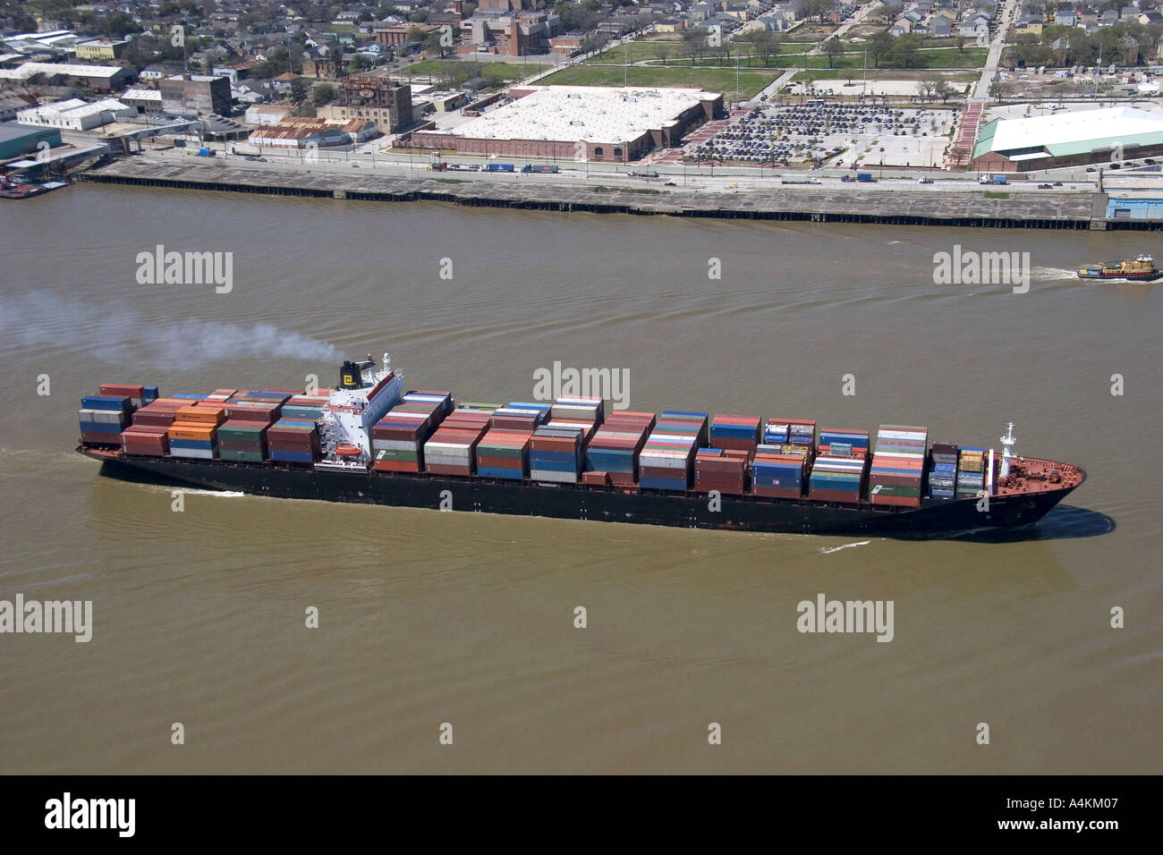 Container ship on the Mississippi River departing New Orleans Louisiana ...