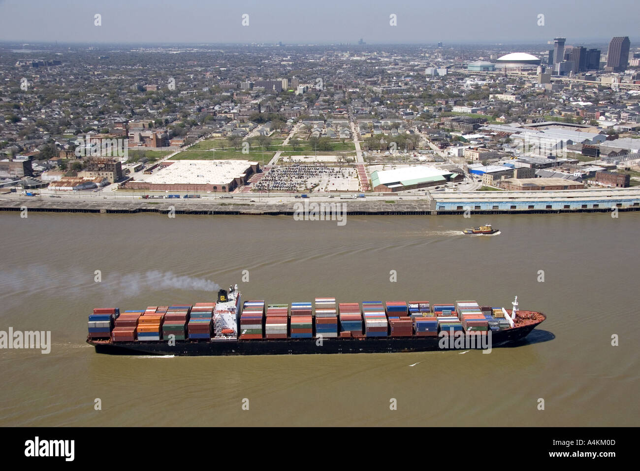 Container ship on the Mississippi River departing New Orleans Louisiana ...