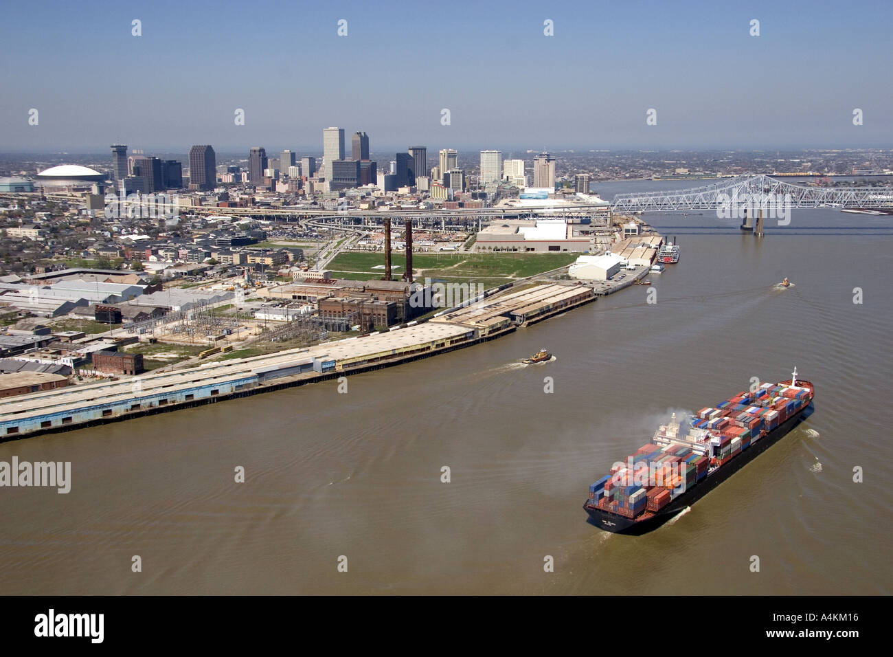 Container ship on the Mississippi River departing New Orleans Louisiana ...