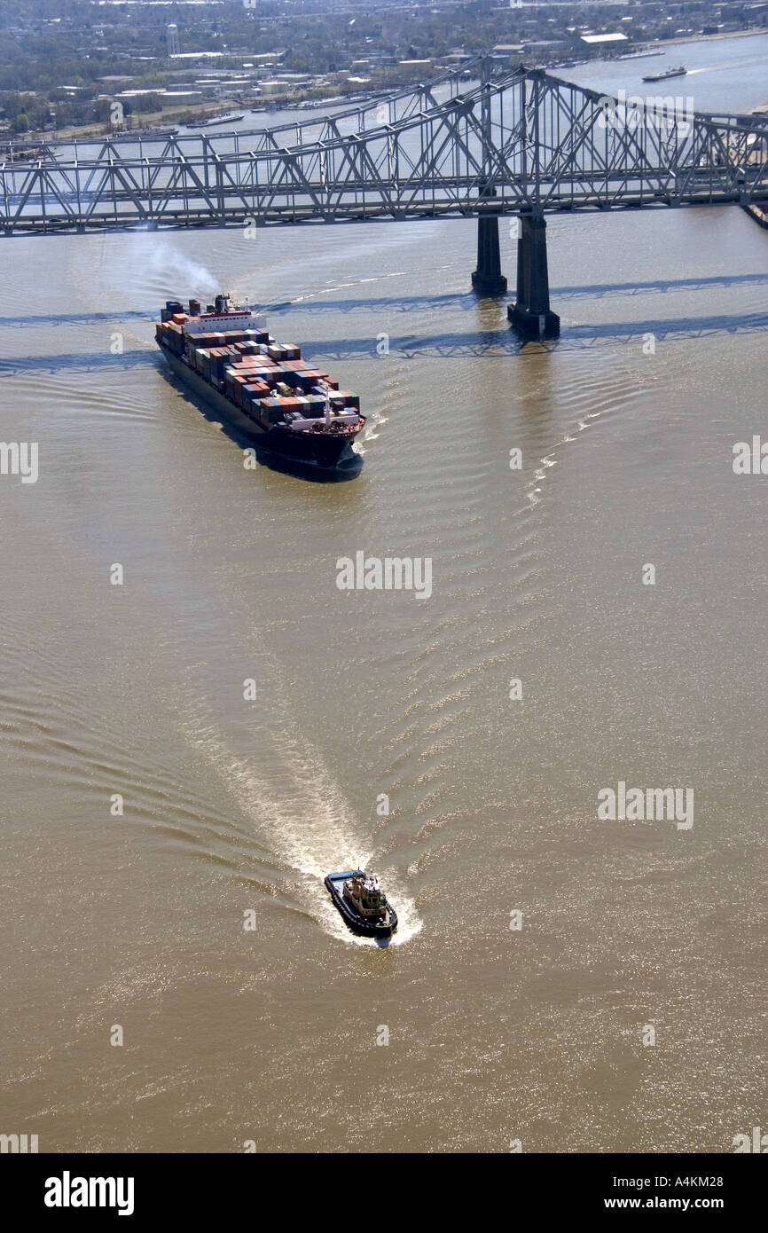 Container ship on the Mississippi River departing New Orleans Louisiana ...