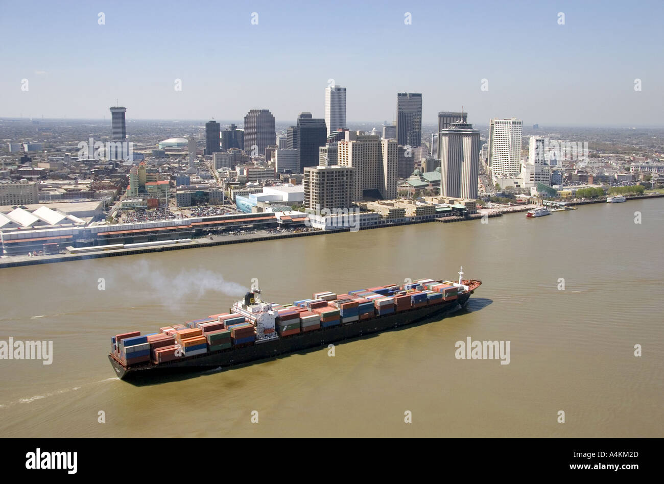 Container ship on the Mississippi River departing New Orleans Louisiana ...