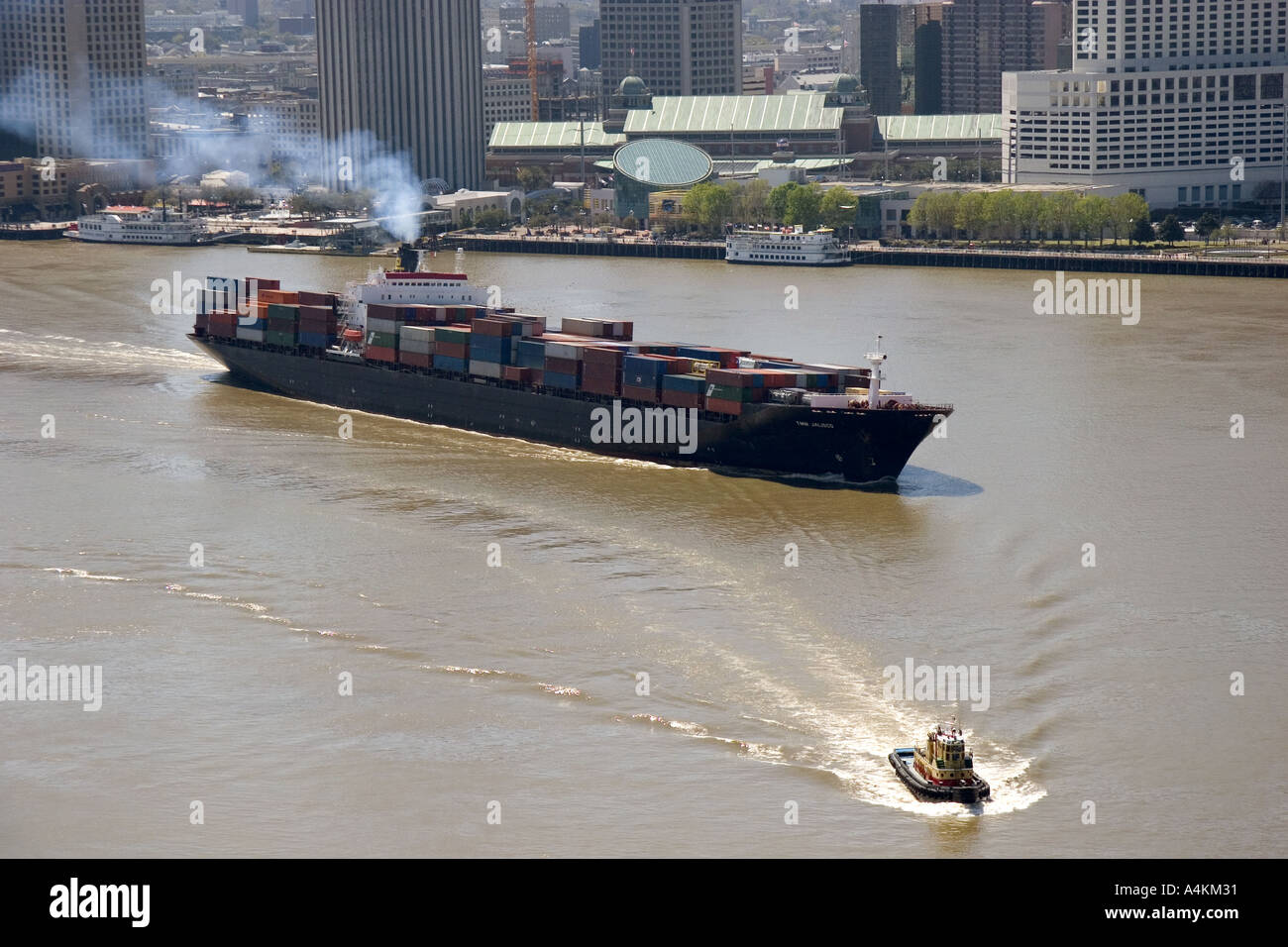 Container ship on the Mississippi River departing New Orleans Louisiana ...