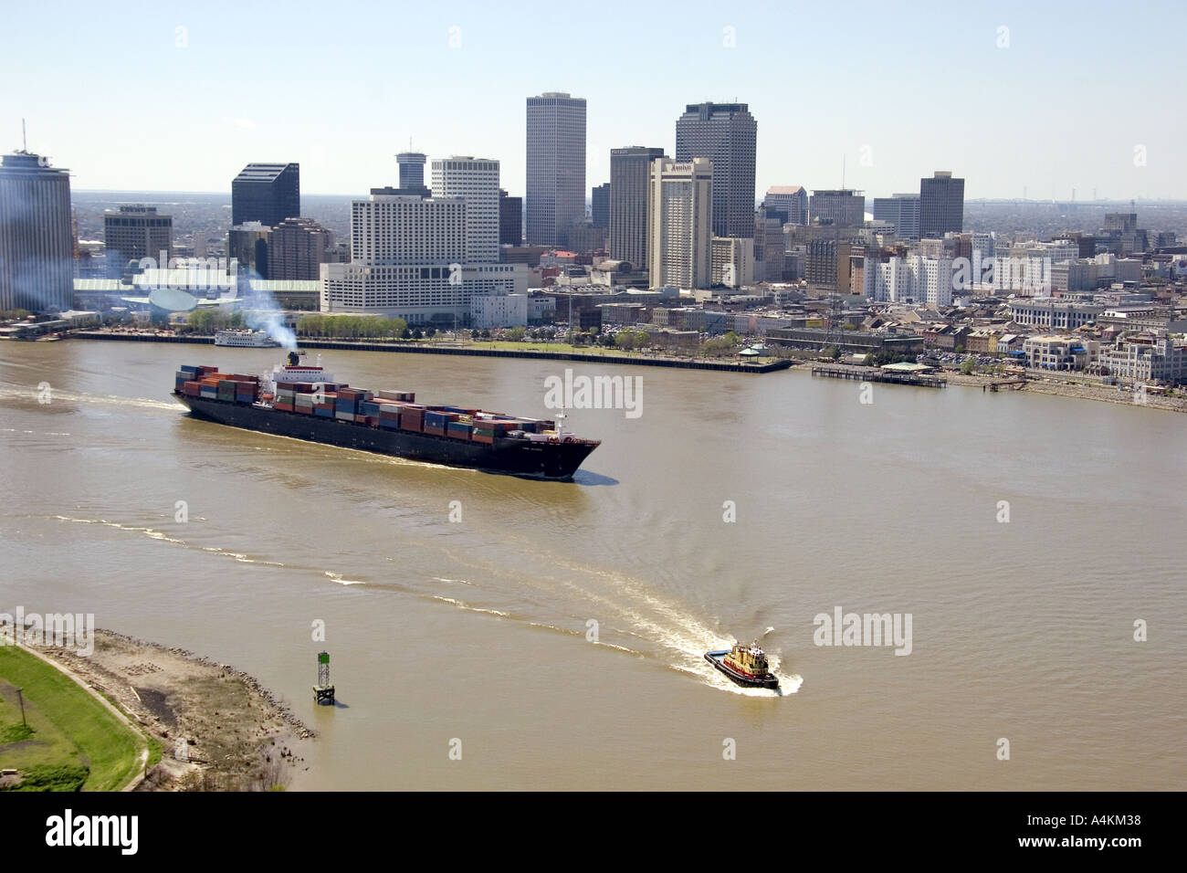 Container ship on the Mississippi River departing New Orleans Louisiana ...
