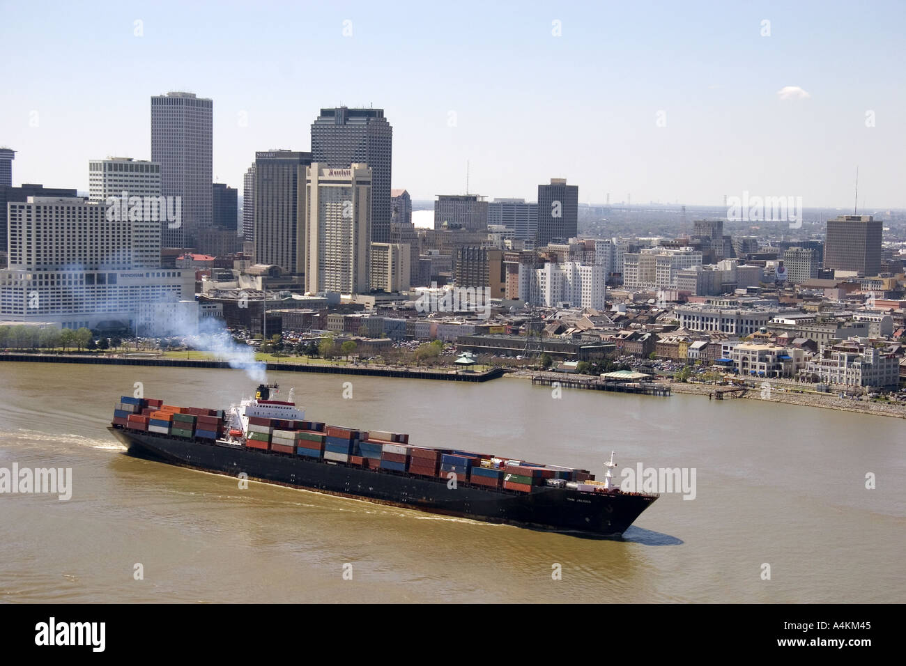 Container ship on the Mississippi River departing New Orleans Louisiana ...