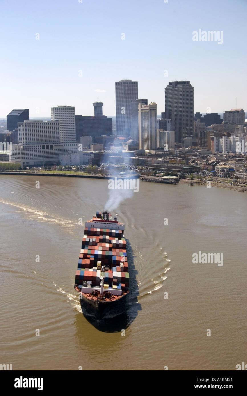 Container ship on the Mississippi River departing New Orleans Louisiana ...
