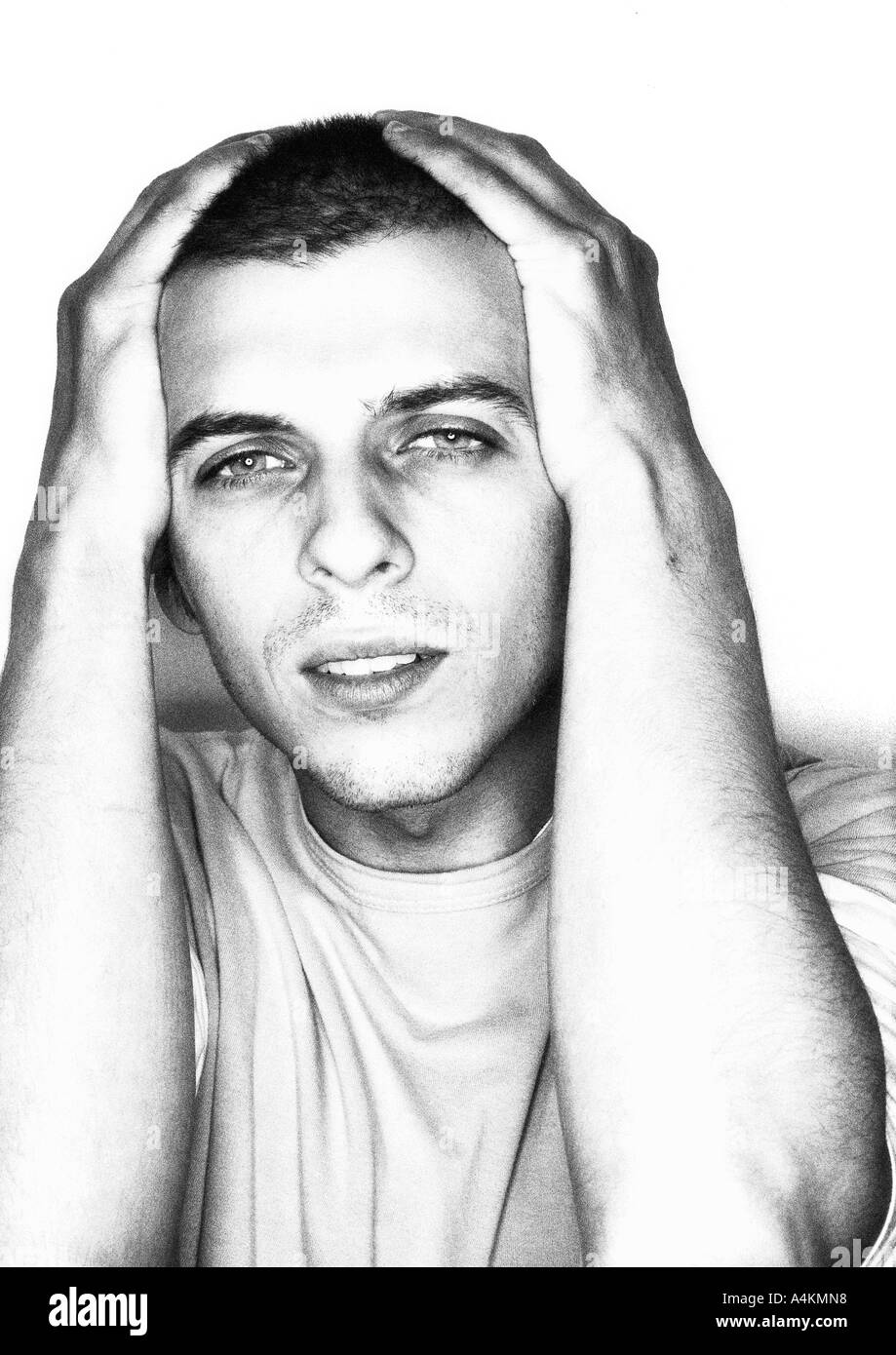 Hand in front of head Black and White Stock Photos & Images - Alamy