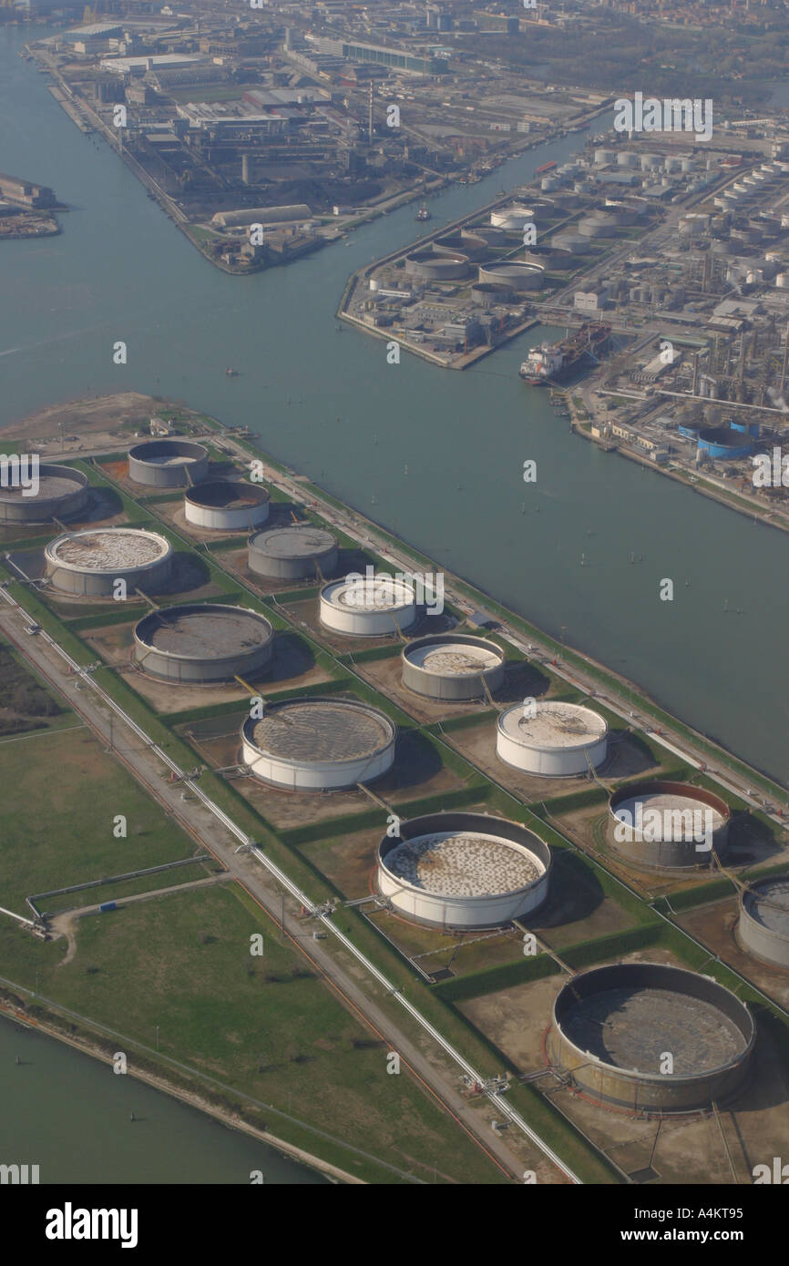 Oil refinery and oil storage tanks aerial view Stock Photo - Alamy
