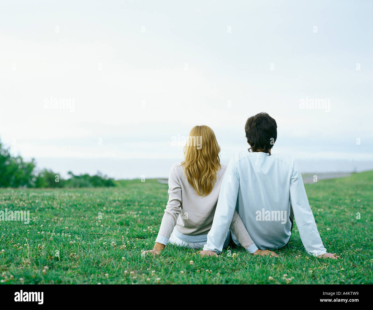 Young man and young woman sitting side by side on grass, propped up ...