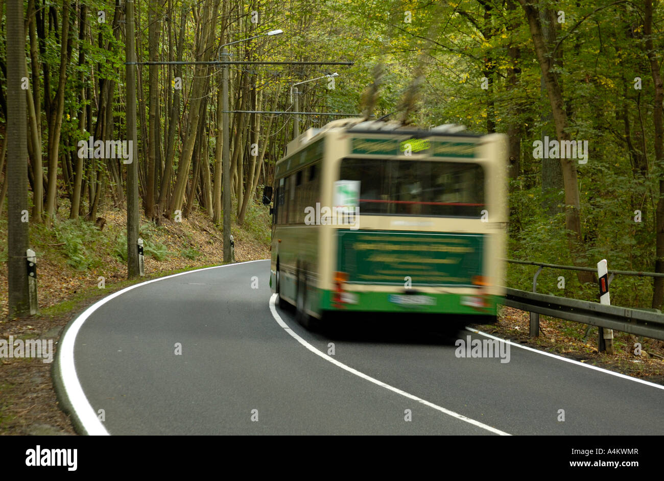 Trolley bus speeding downhill to Solingen Burg, Germany. Western europe ...