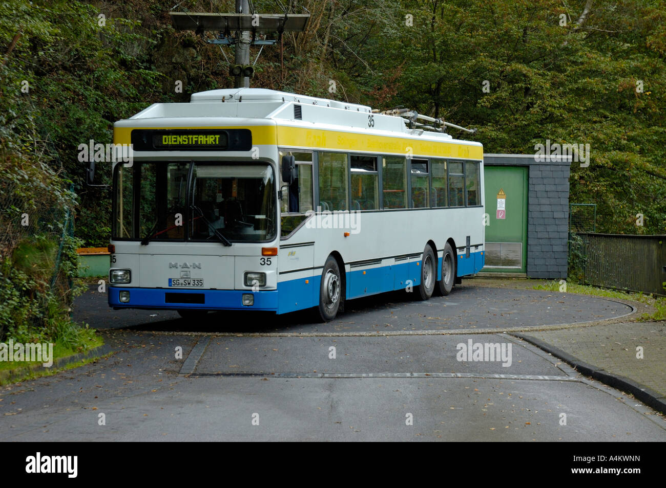 Trolley bus on the turntable at Solingen Burg, Germany. Western europes ...