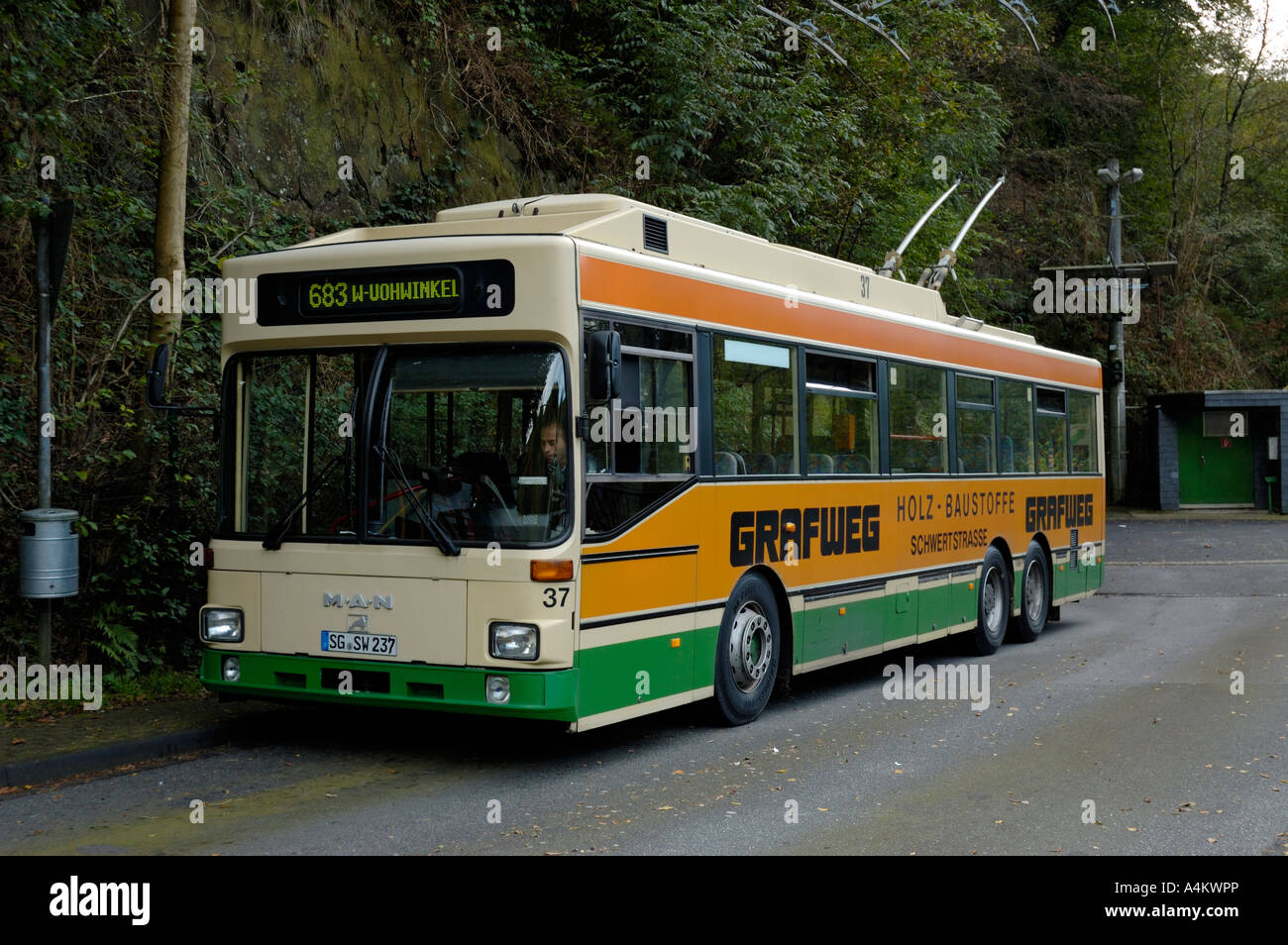 Trolley bus at the turntable at Solingen Burg, Germany. Western europes ...