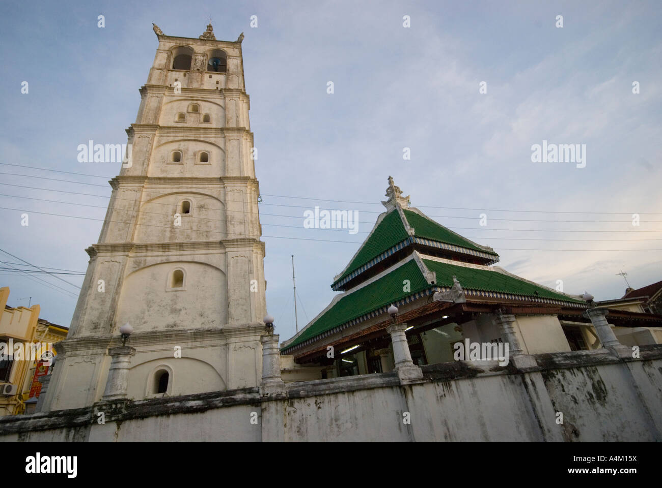 Square minaret watchtower of the Kampung Kling mosque on Jalan Tukang ...