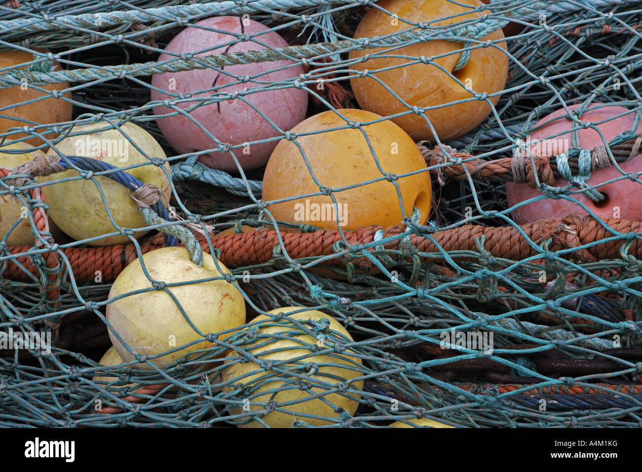 Detail of fishing gear showing net and floats Stock Photo - Alamy
