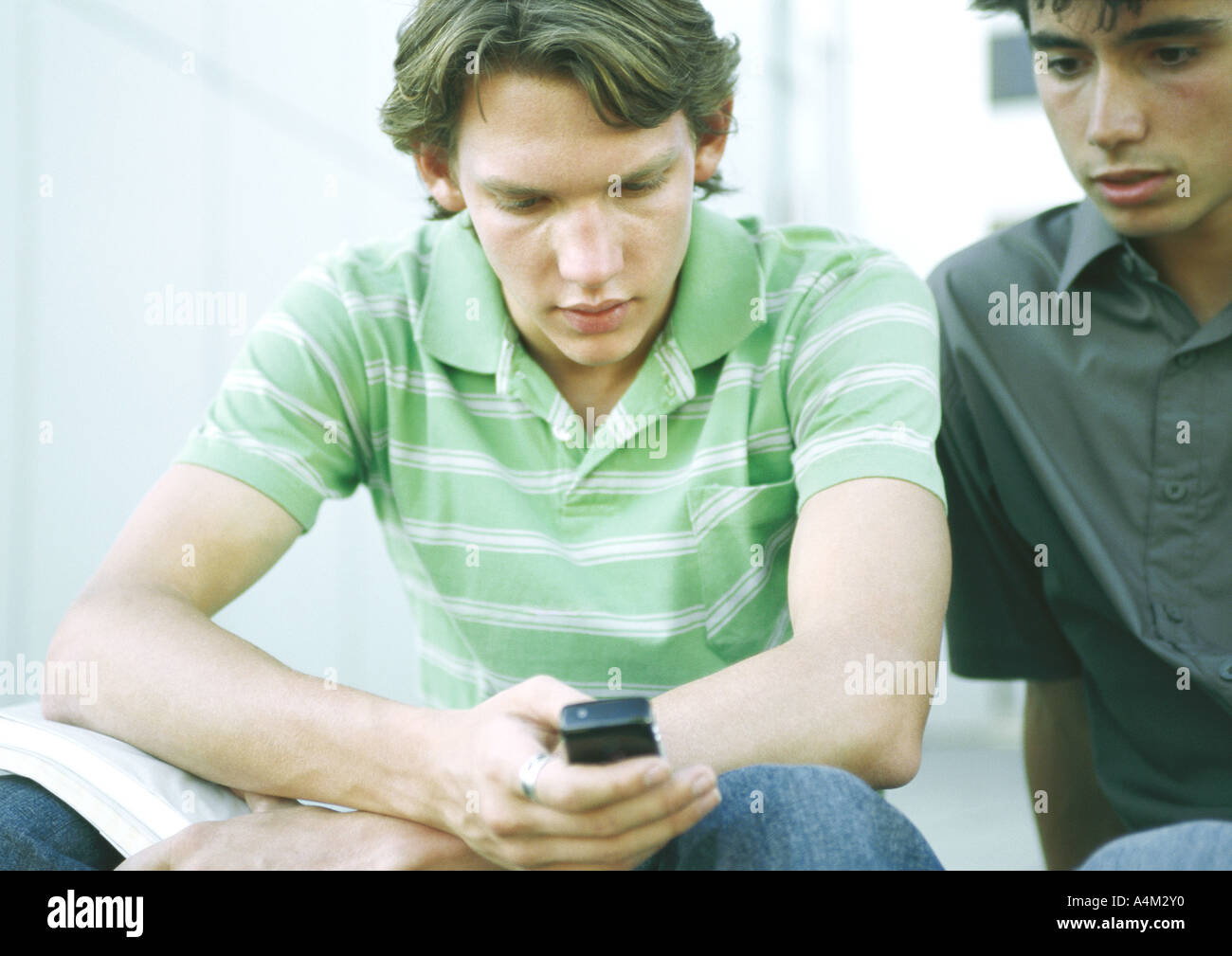 Two students sitting side by side, looking at cell phone Stock Photo ...