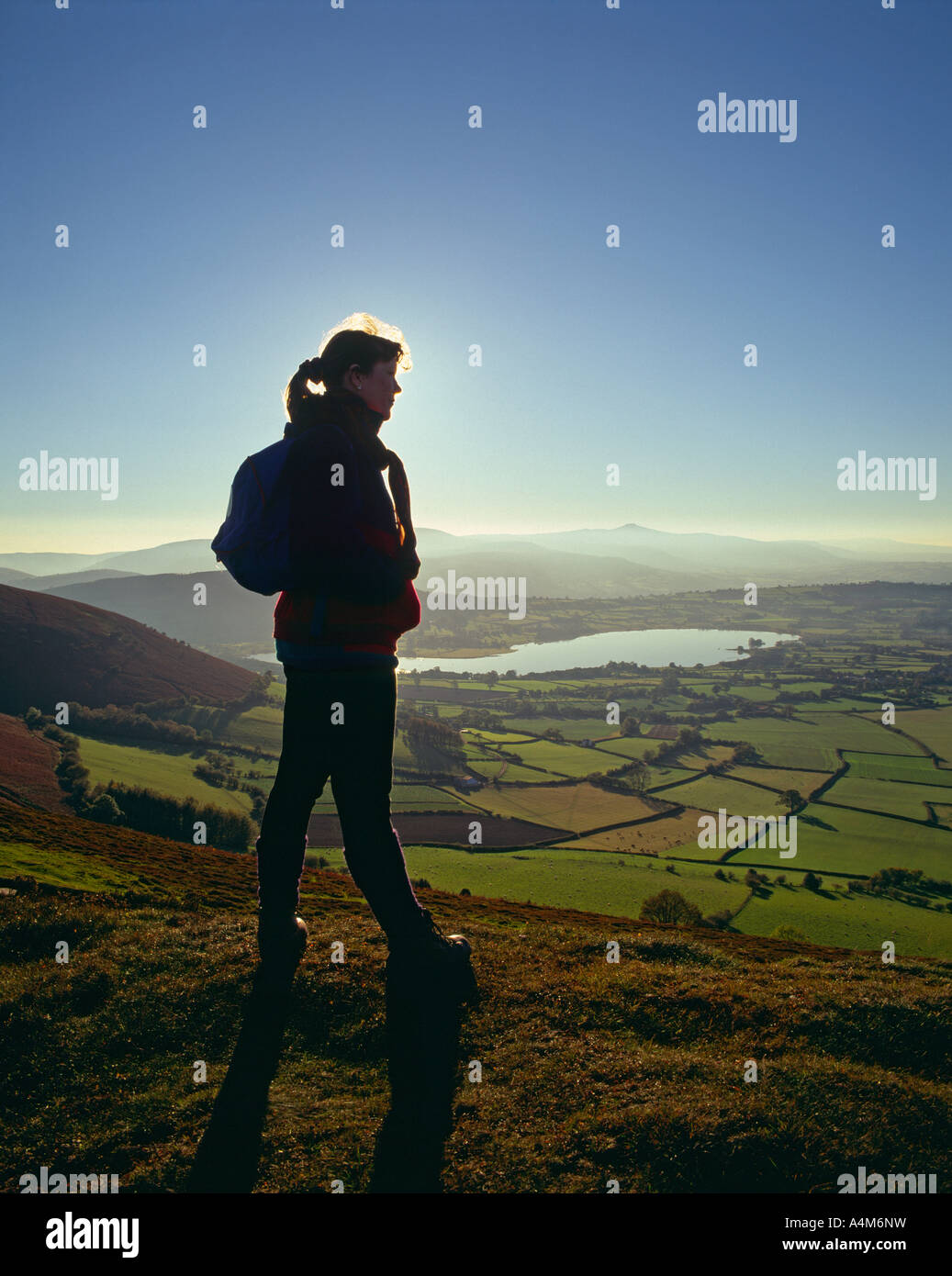 Walker on the summit of Llangors Mountain looking towards Llangors Lake ...