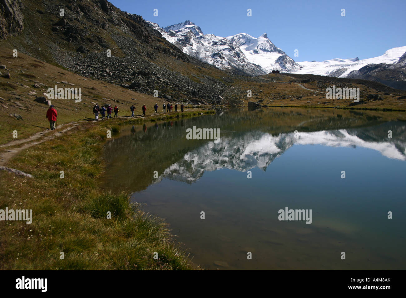 People trekking in Alpine Landscape Switzerland Stock Photo - Alamy