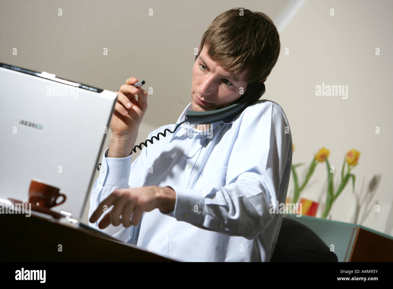 DEU Germany Young man is working at a desk with laptop computer on the ...