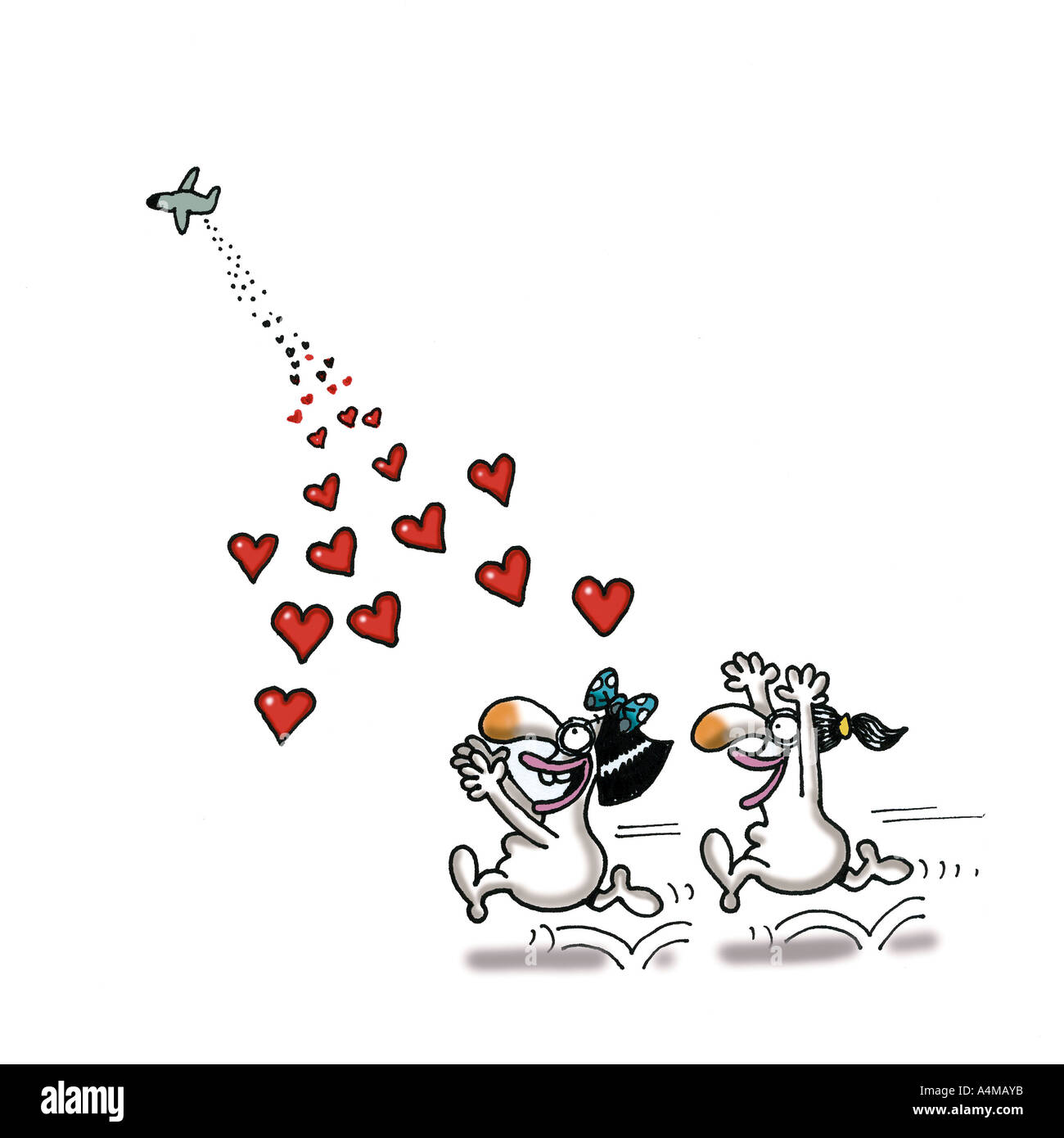 Women running after hearts falling from plane Stock Photo - Alamy