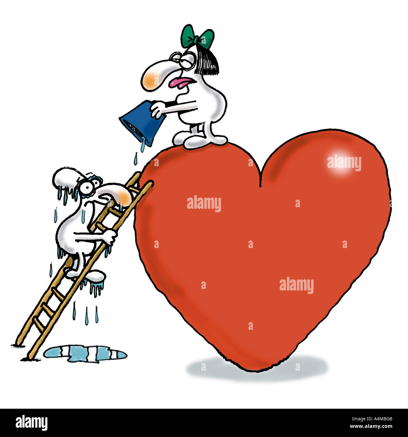 Woman throwing bucket of water on man from top of heart Stock Photo - Alamy