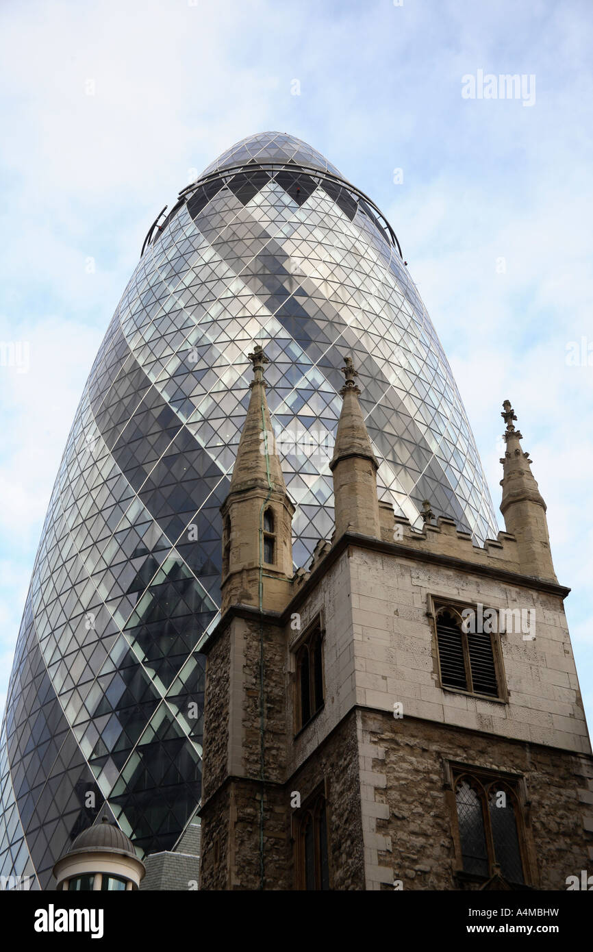 The Gherkin with St Andrew Undershaft in foreground. The City, London ...