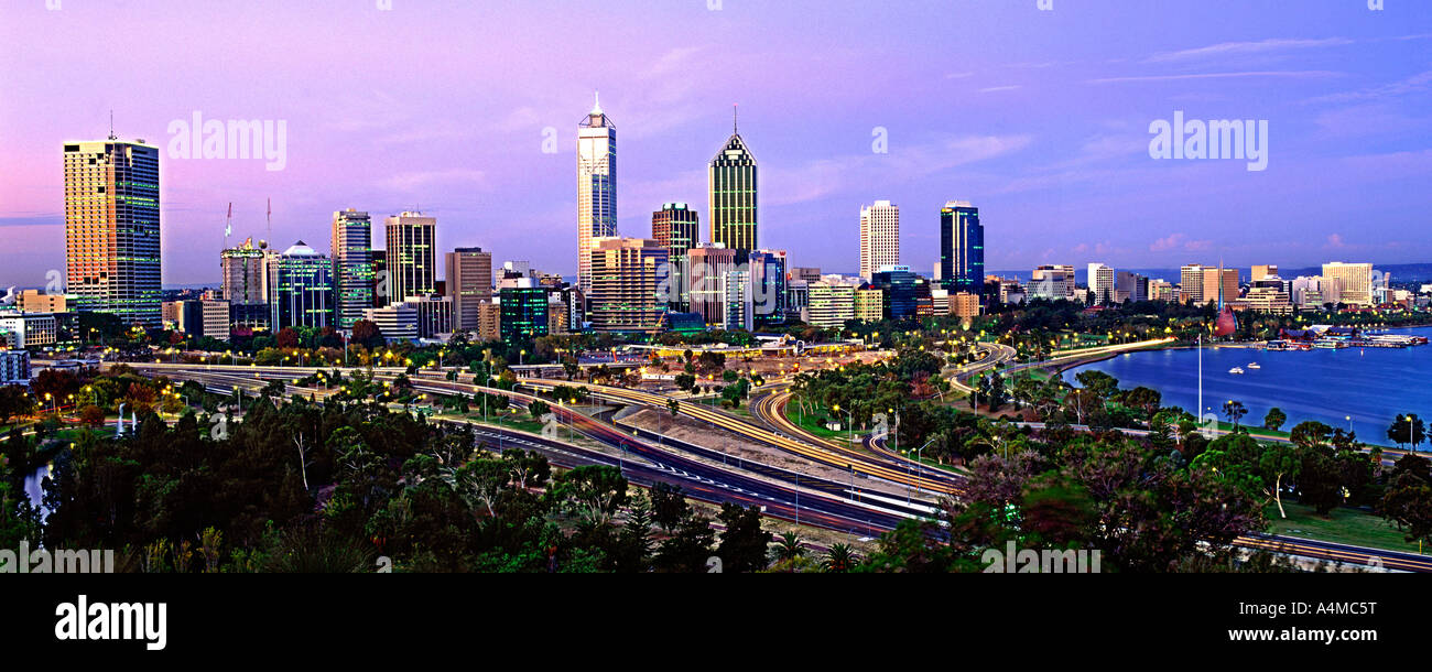Panoramic view of the Perth skyline at dusk. Perth is the capital of ...