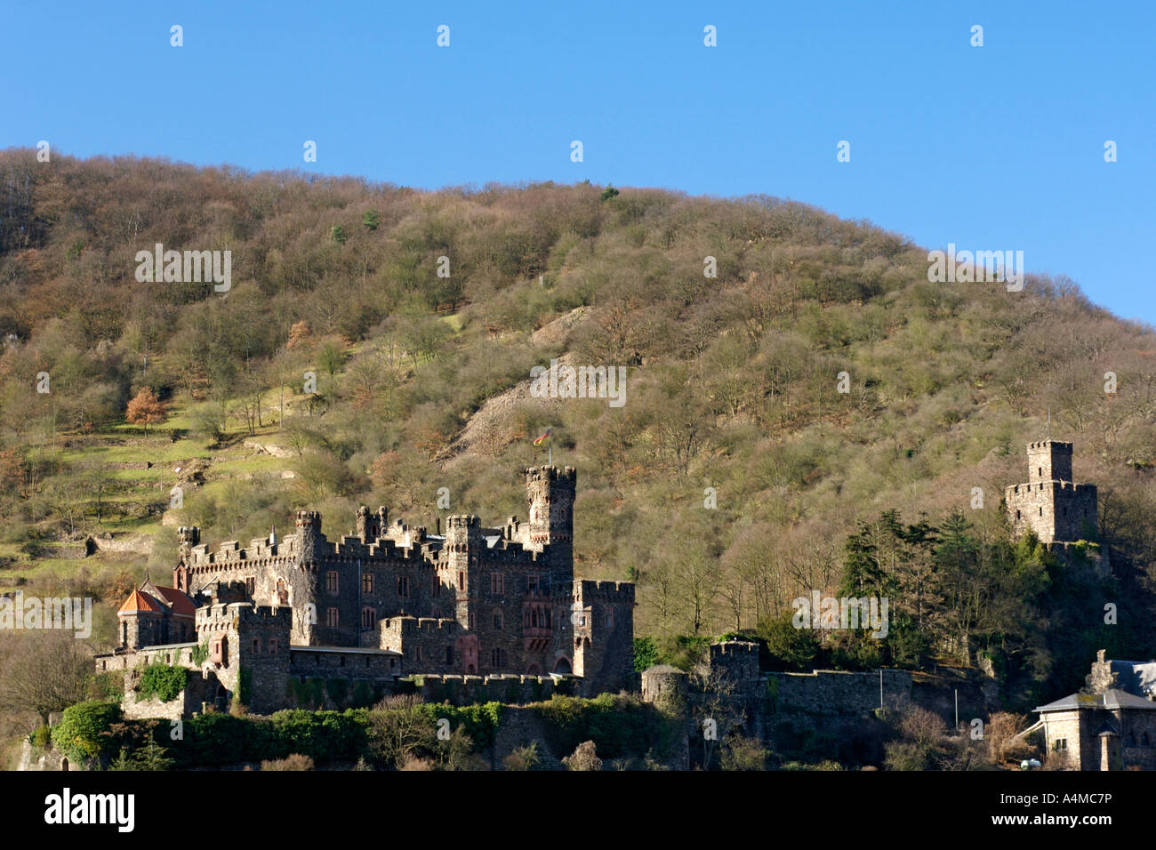 Burg Reichenstein castle on the bank of the Rhine River in Germany's ...