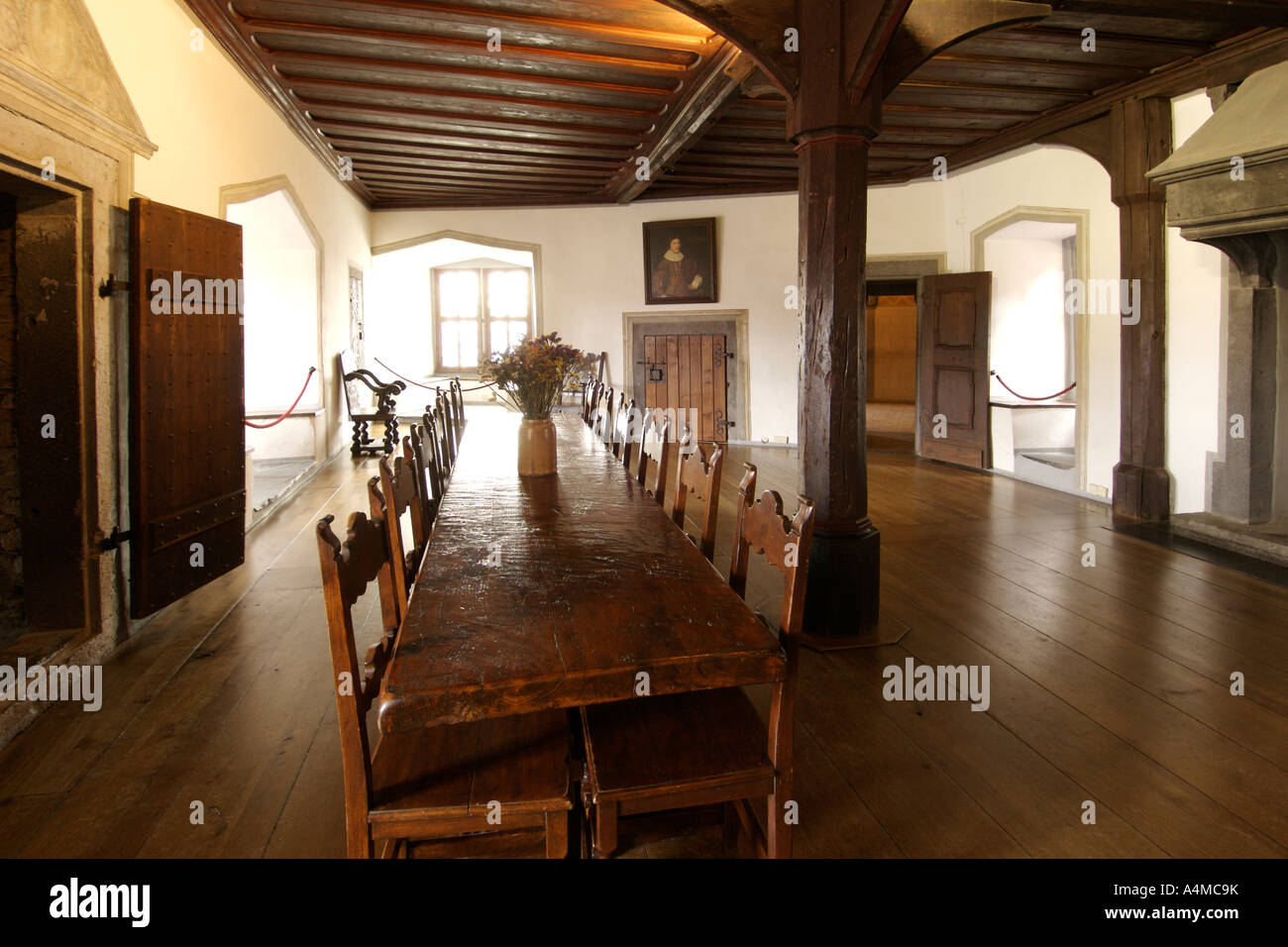Knights Hall of the Marksburg castle near Koblenz along the Rhine river ...
