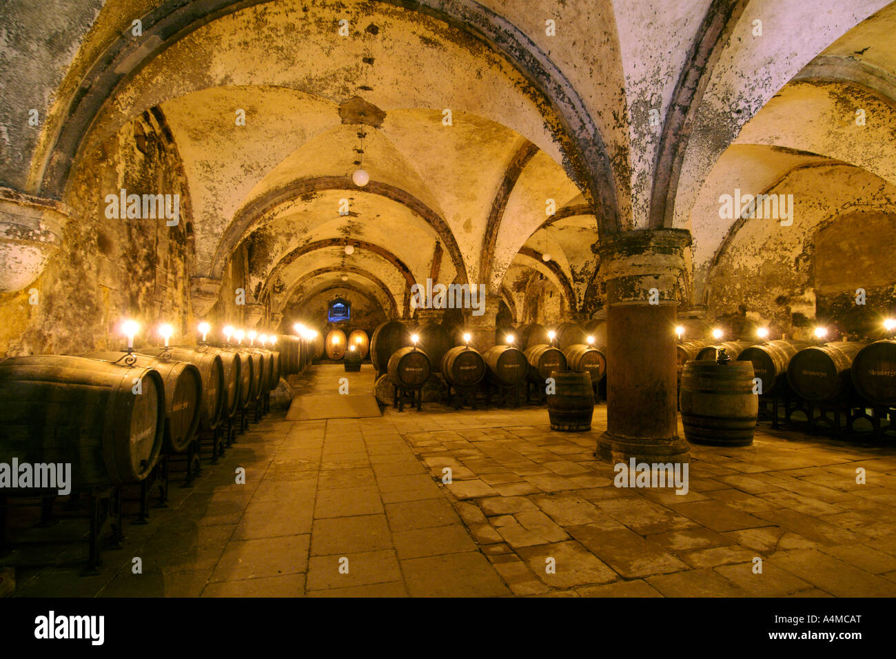 Wine cellar of Kloster Eberbach monastery in the Rhine region of ...