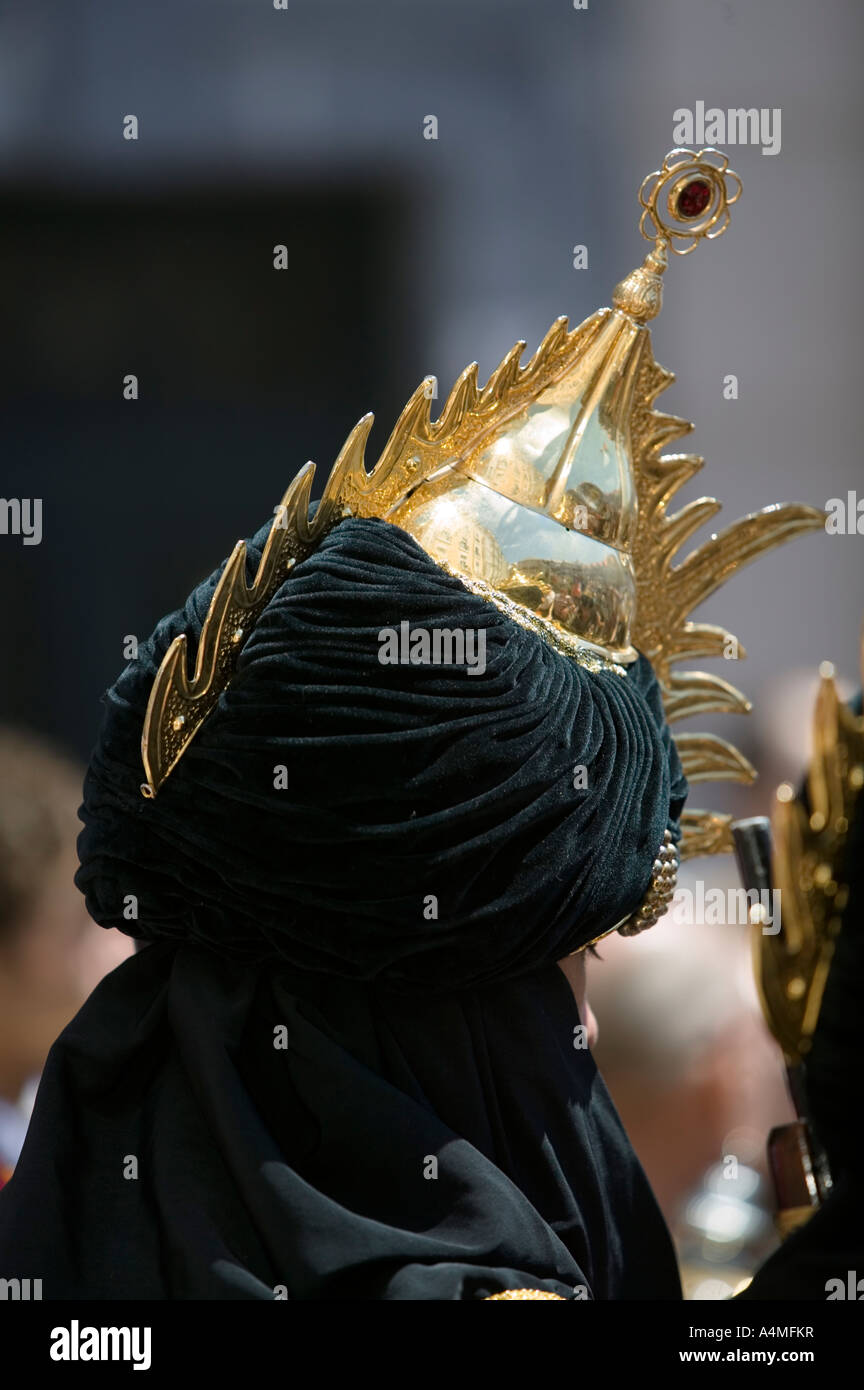 Rear view of man wearing Arabian style headdress, Fiesta de la Virgen ...