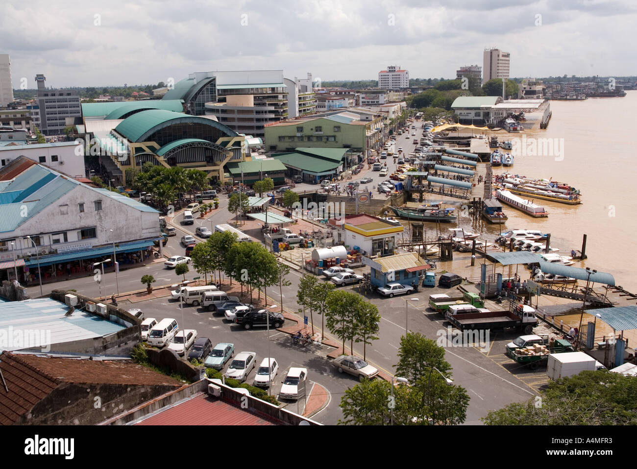 Malaysia Sarawak Sibu elevated view of Rejang River waterfront market ...