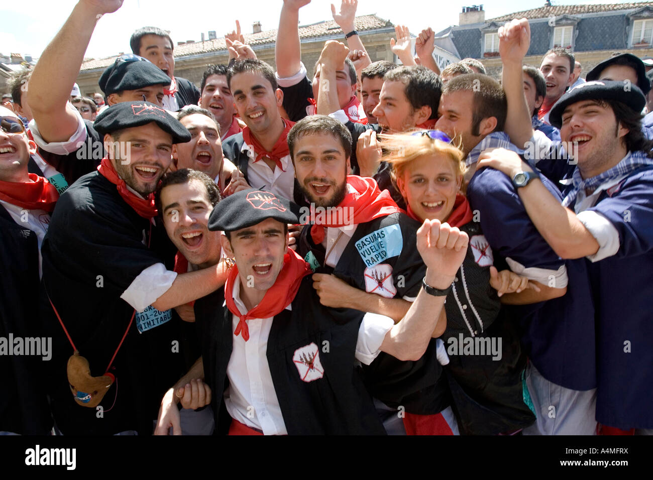 Group of ecstatic Basques celebrate outside church of San Miguel ...