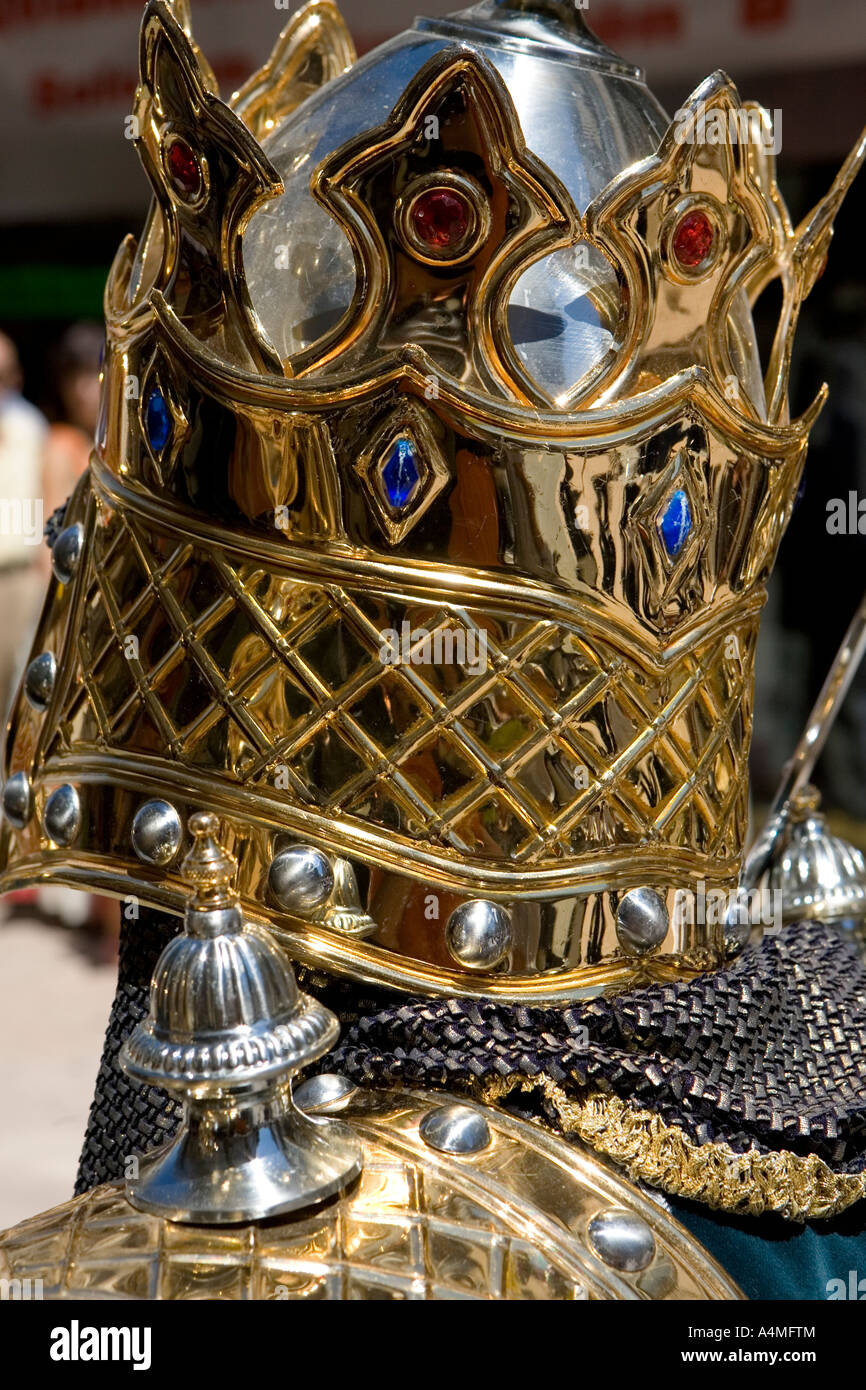 Rear view of man wearing ornate Arabian style helmet, Fiesta de la ...