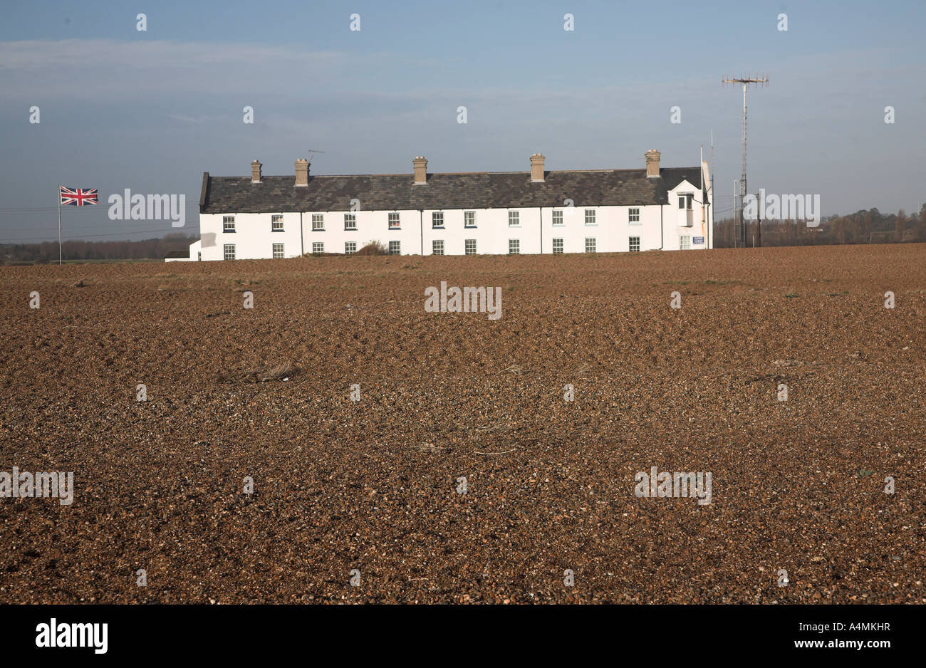 Coastguard cottages and shingle beach, Shingle Street, Suffolk, England ...