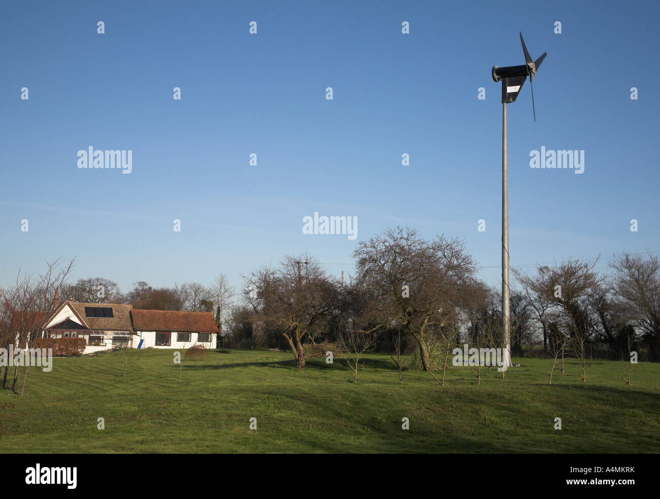 Single domestic wind turbine in a garden with bungalow house behind ...