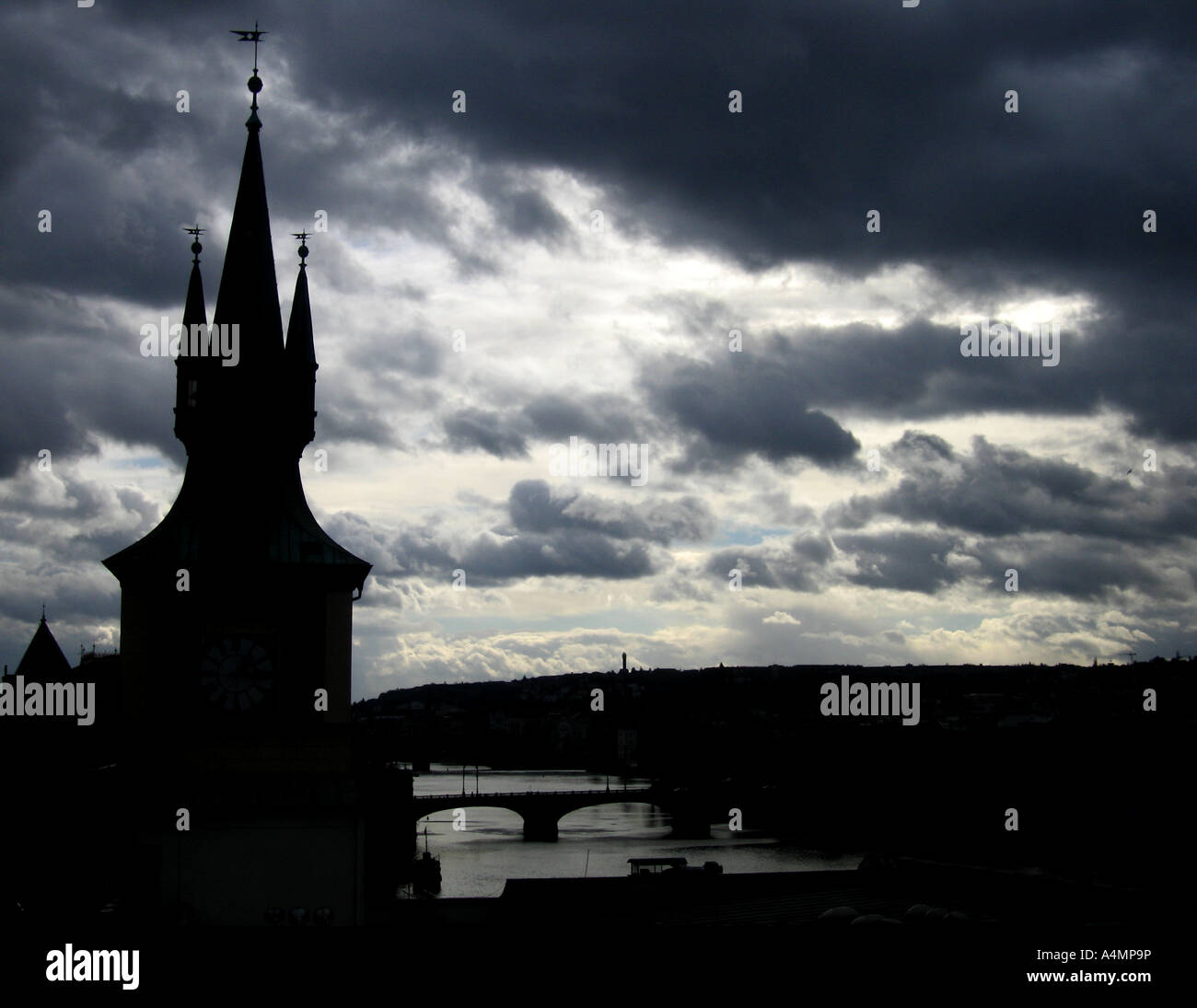 Silhouette of church and landscape with bridges over River Vlatva Prague Czech Republic Stock ...