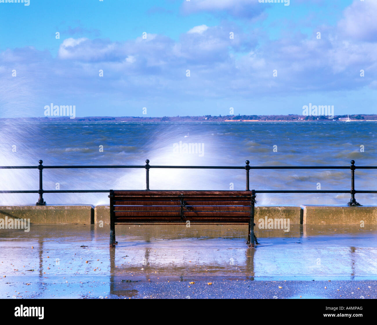 bench on stormy day at seafront gurnard cowes isle of wight england uk ...