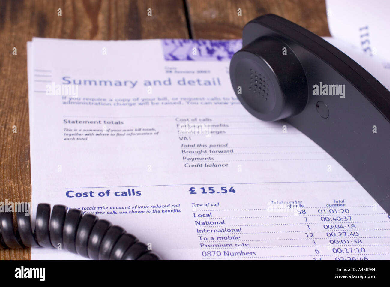 British Telecom phone bill with telephone and cord on table Stock Photo ...