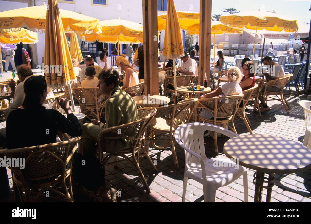 Essaouira, Morocco. Cafe and restaurant in Place Moulay Hassan square ...