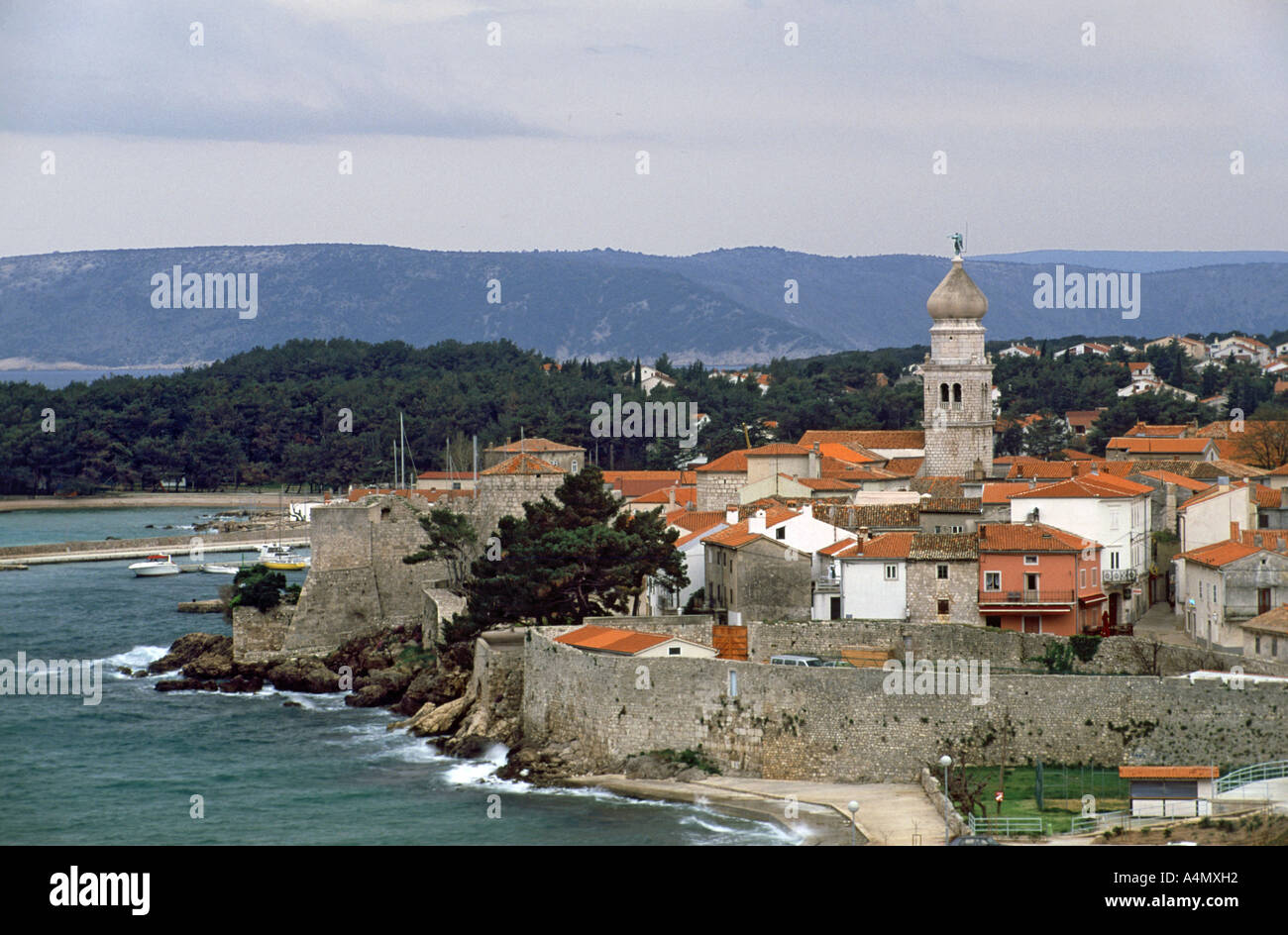 Cathedral tower over town and port of Krk, Krk Island, Kvarner Region ...