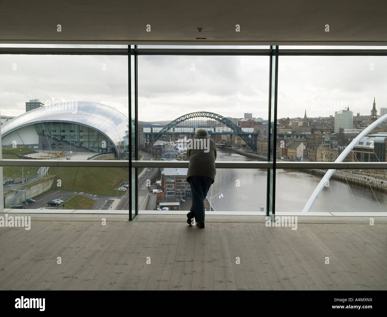 A man looking at the Newcastle bridges and Sage concert hall from the ...