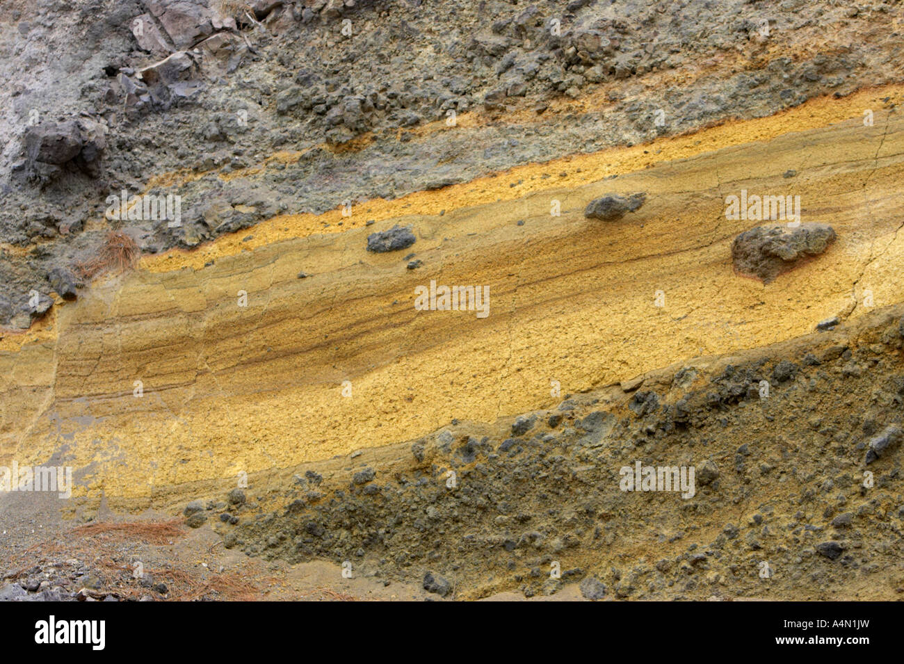 rocks embedded in yellow lava strata deposits in ancient lava flow ...