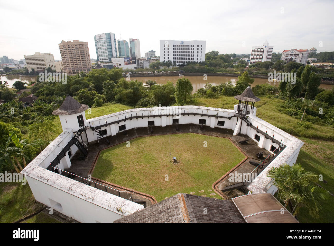 Malaysia Borneo Sarawak Kuching Fort Margherita and riverside buildings ...