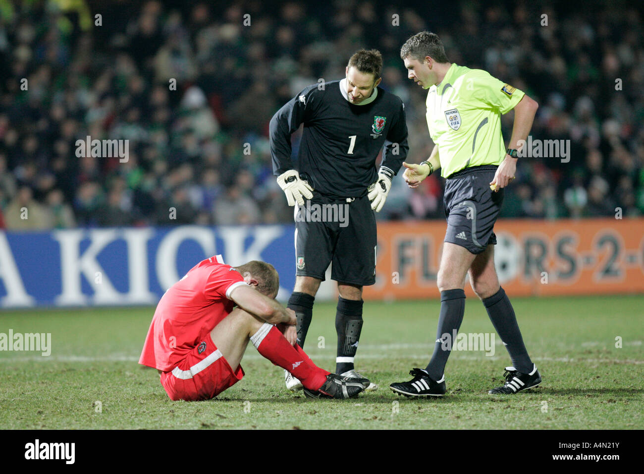 referee and Wales goalkeeper stand over injured Welsh player during ...