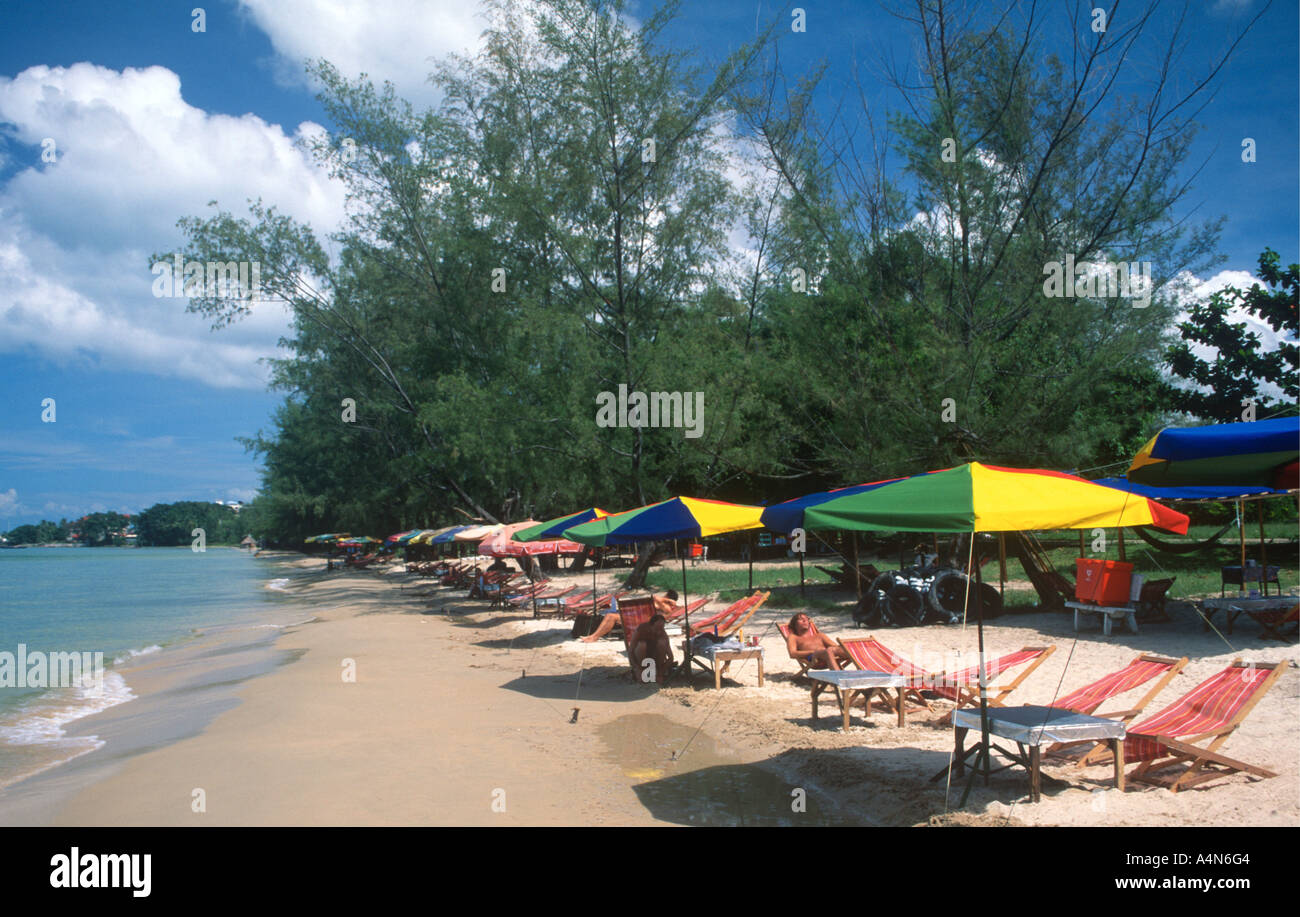 Cambodia Sihanoukville Kompong Som Coloured umbrellas on Victory Beach ...