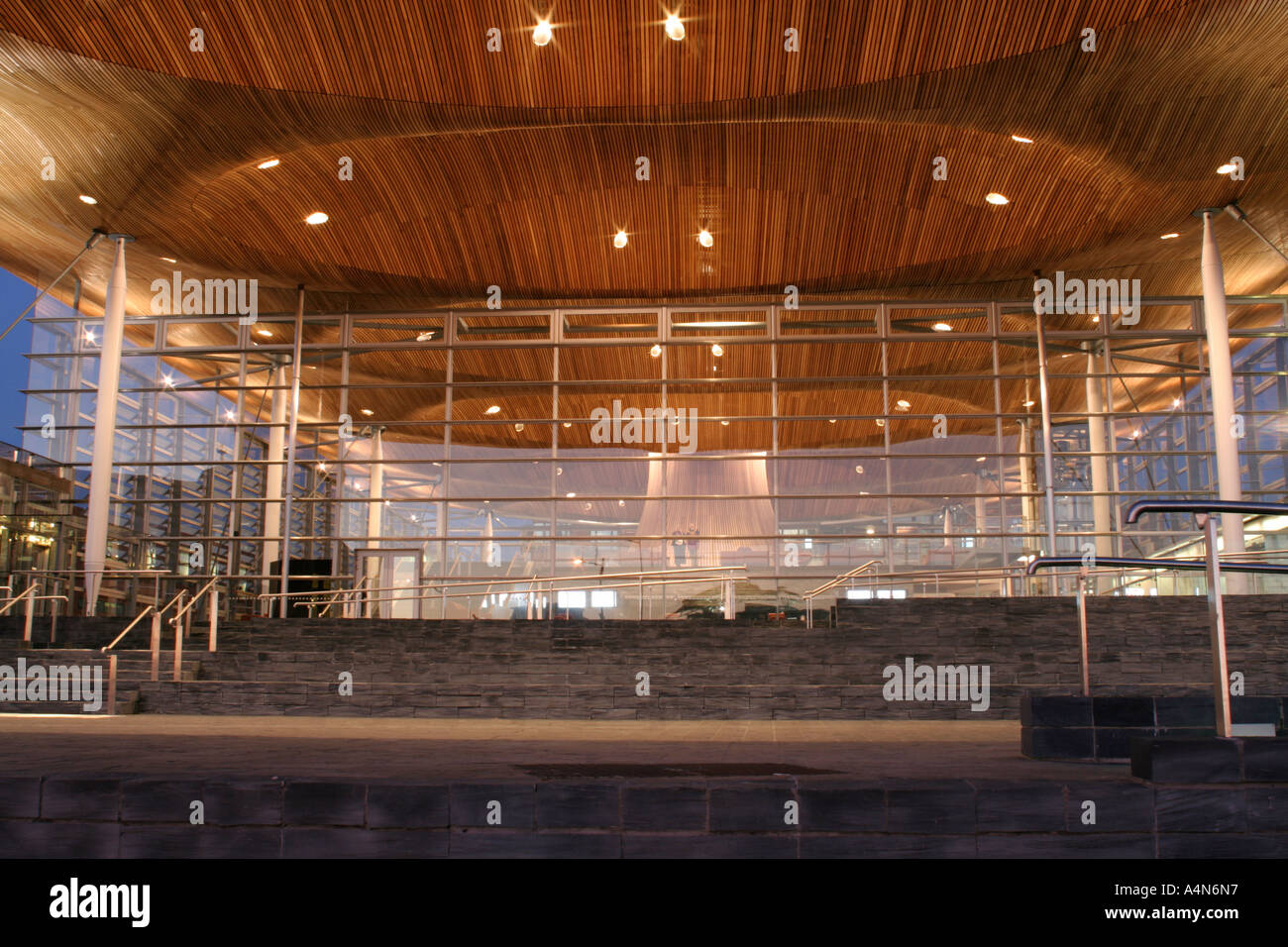 welsh assembly building dusk cardiff waterfront entrance wales centre ...