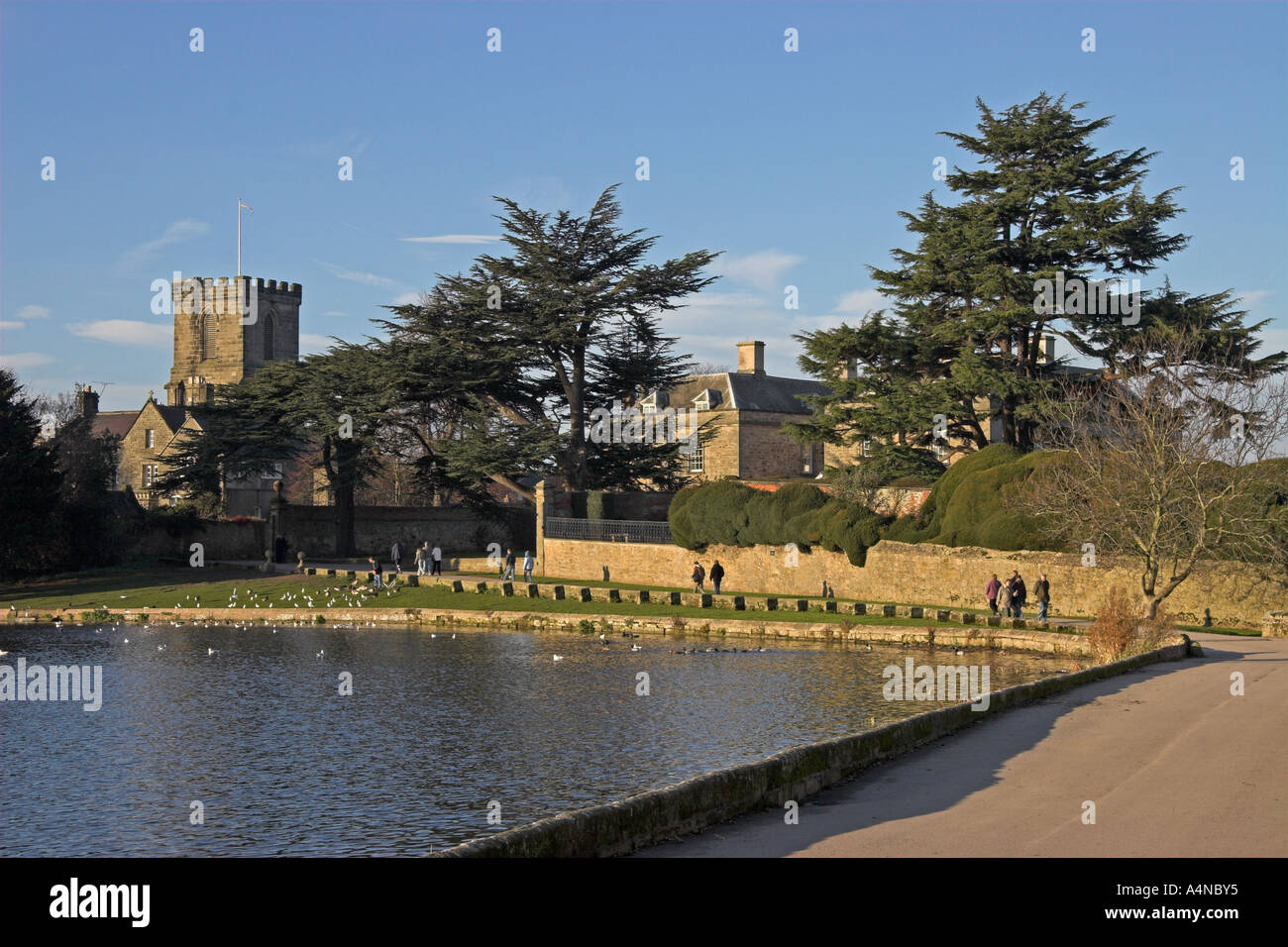 View across Melbourne Lake to Melbourne Hall and the church of St ...
