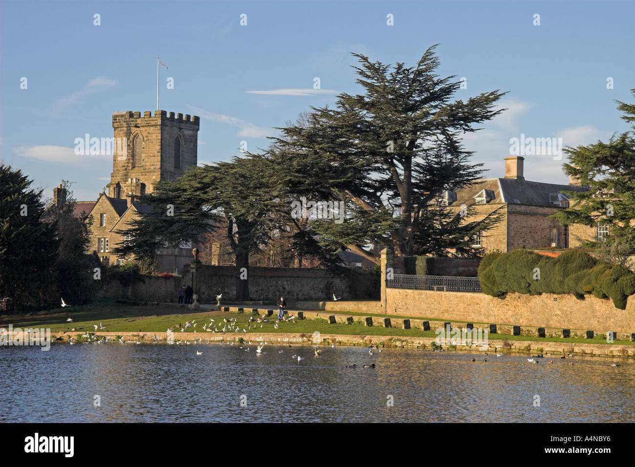 View across Melbourne Lake to Melbourne Hall and the church of St ...