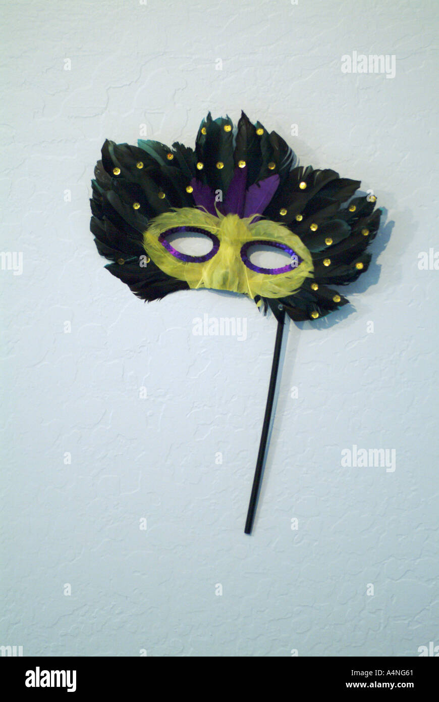 A multicolored party mask covered with feathers with a stick to hold It ...