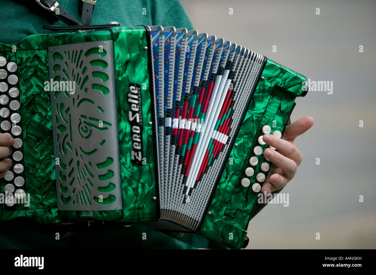 Young Basque man playing traditional Basque accordion with Ikurrina ...